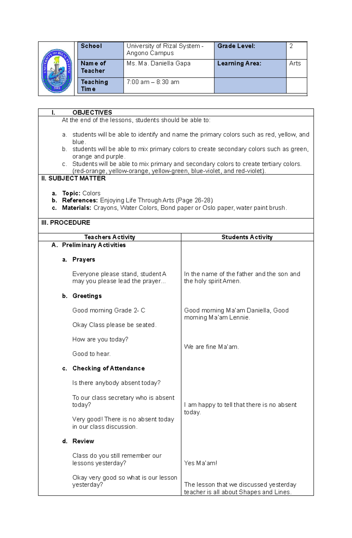 ARTS 2 Lesson Plan: Exploring Primary, Secondary, and Tertiary Colors ...