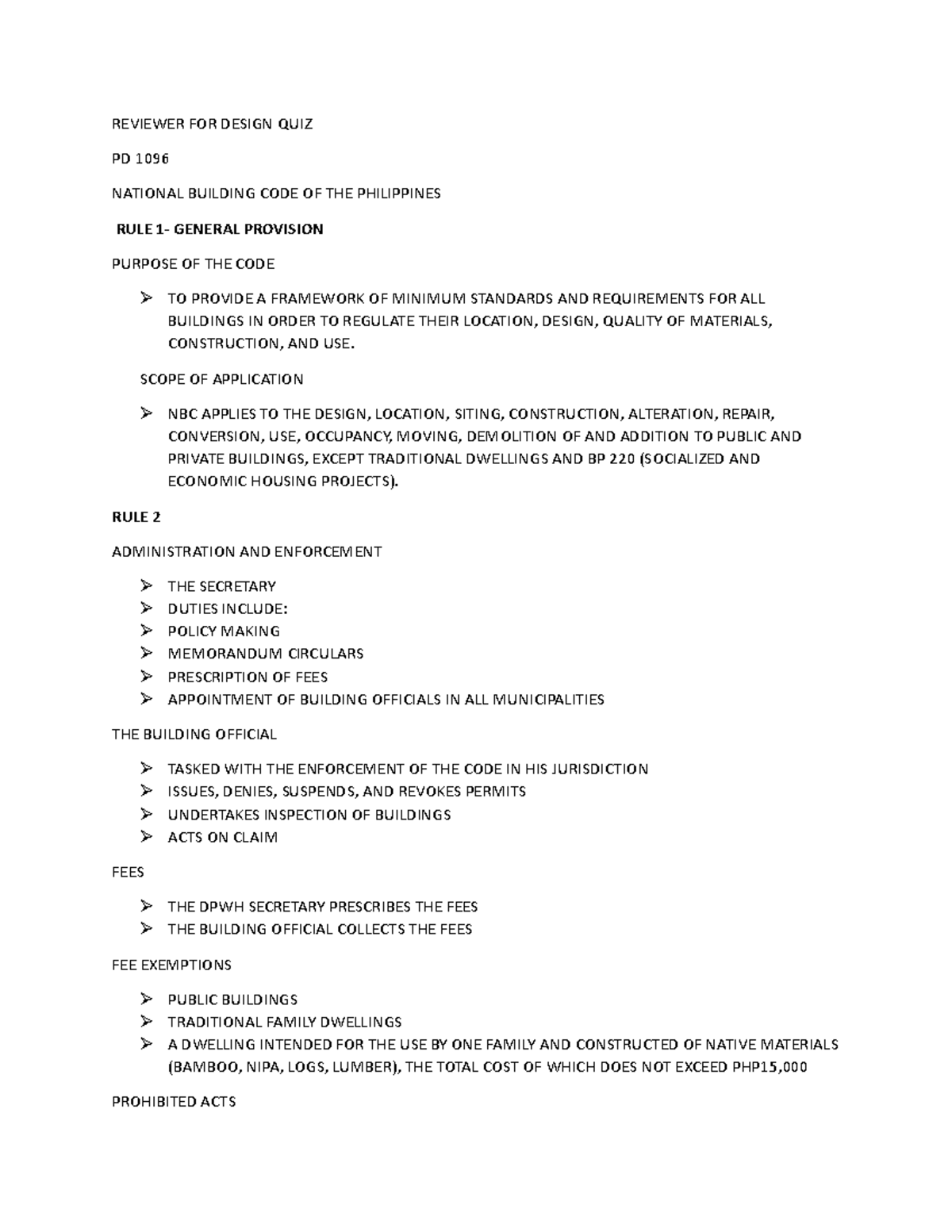 PD 1096 - Reviewer Notes for Design Quiz on NBC Philippines - Studocu