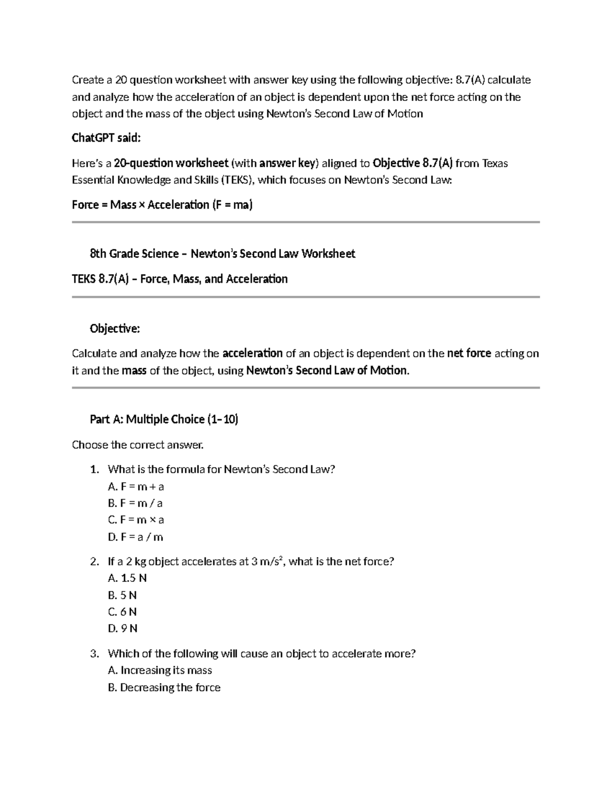 TEKS 8.7(A) 20-Question Worksheet & Answer Key on Force, Mass ...