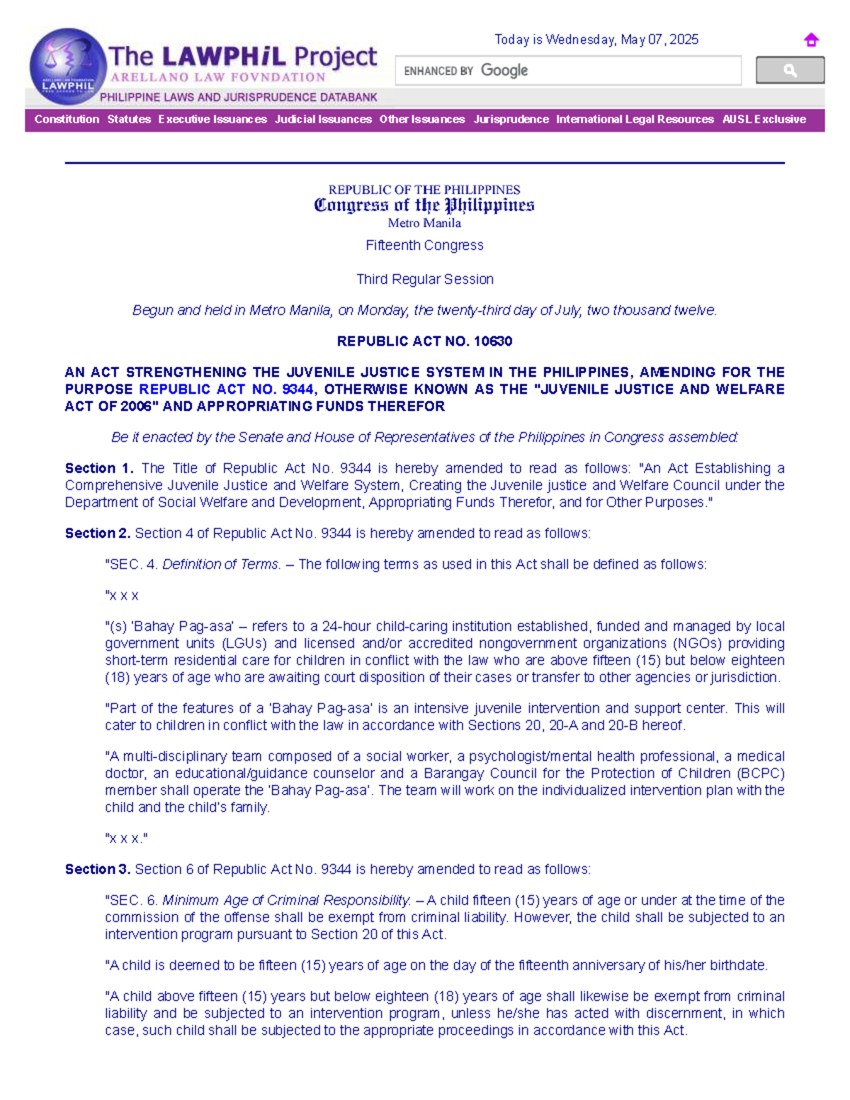 Strengthening the Juvenile Justice System in the Philippines: RA 10630 ...