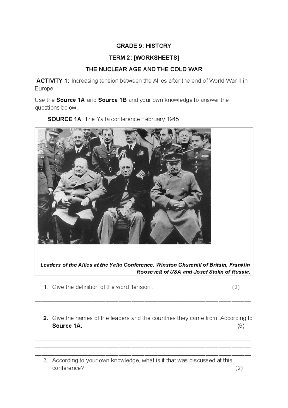 Grade 9 History T2: Worksheets on the Nuclear Age & Cold War - Studocu