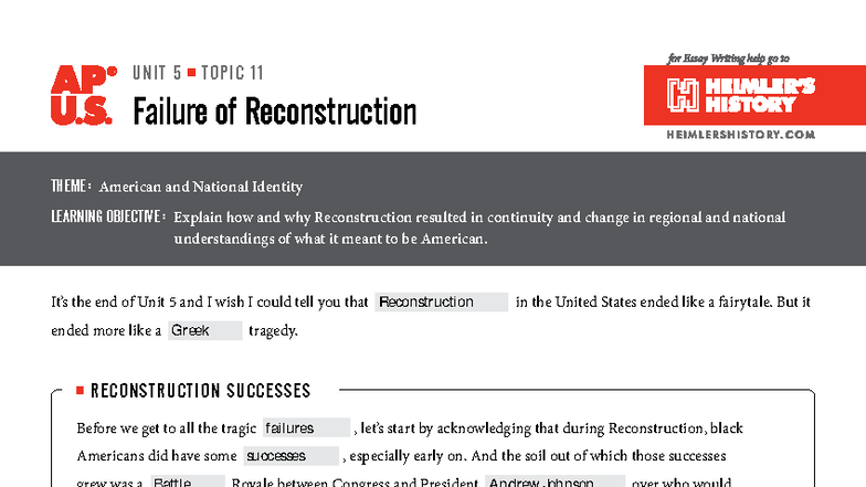APUSH Unit 5 Topic 11: Analyzing the Failures of Reconstruction - Studocu