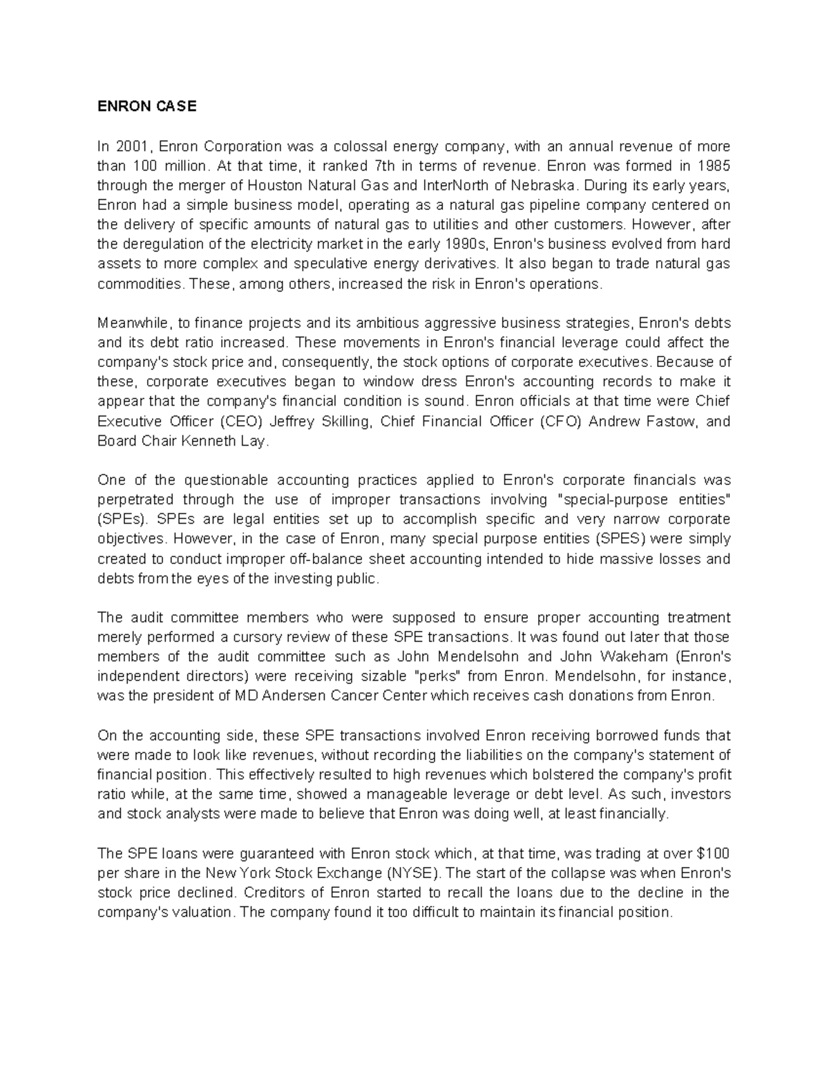 ENRON CASE STUDY: Financial Mismanagement and Collapse Analysis - Studocu