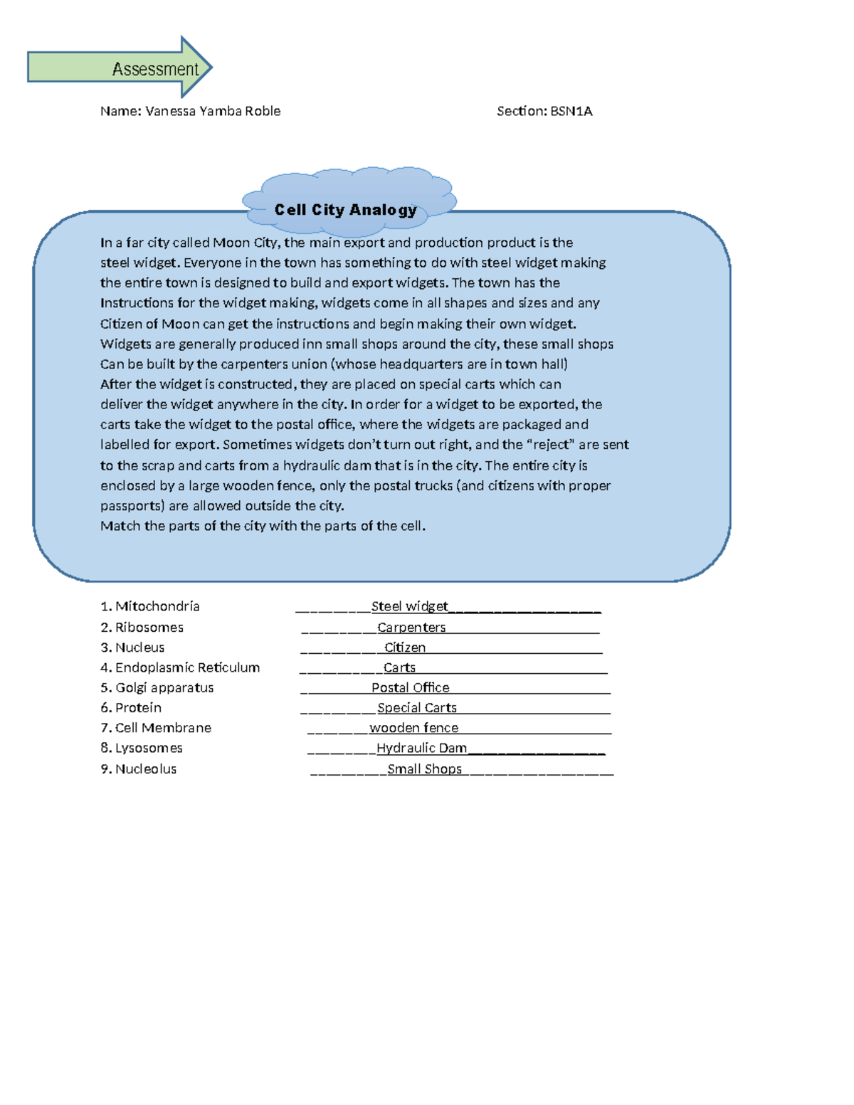 BSN1A Final Exam: Cell City Analogy and Cell Structure Comparison - Studocu