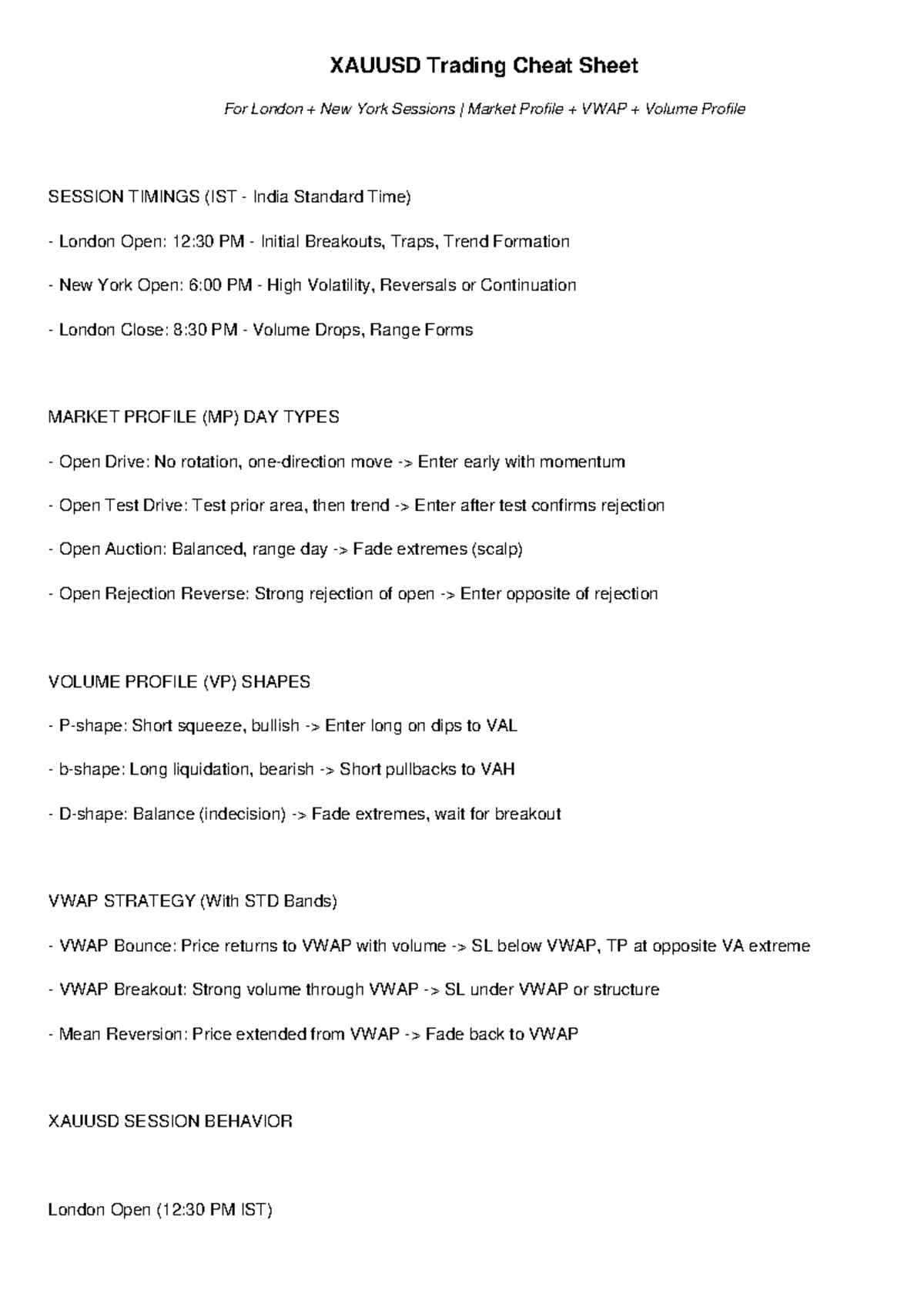 XAUUSD Trading Cheat Sheet: London & New York Sessions Guide - Studocu