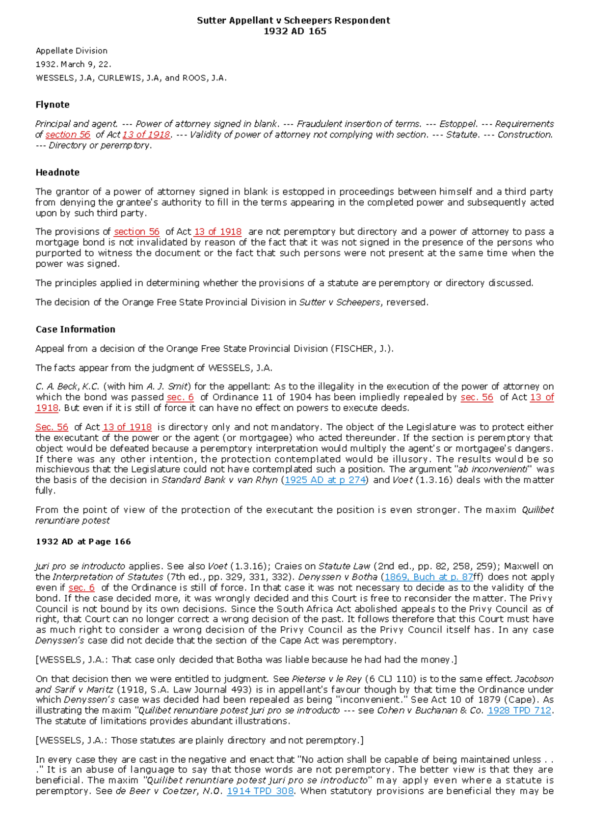 Sutter v Scheepers (1932 AD 165): Power of Attorney & Estoppel Issues ...
