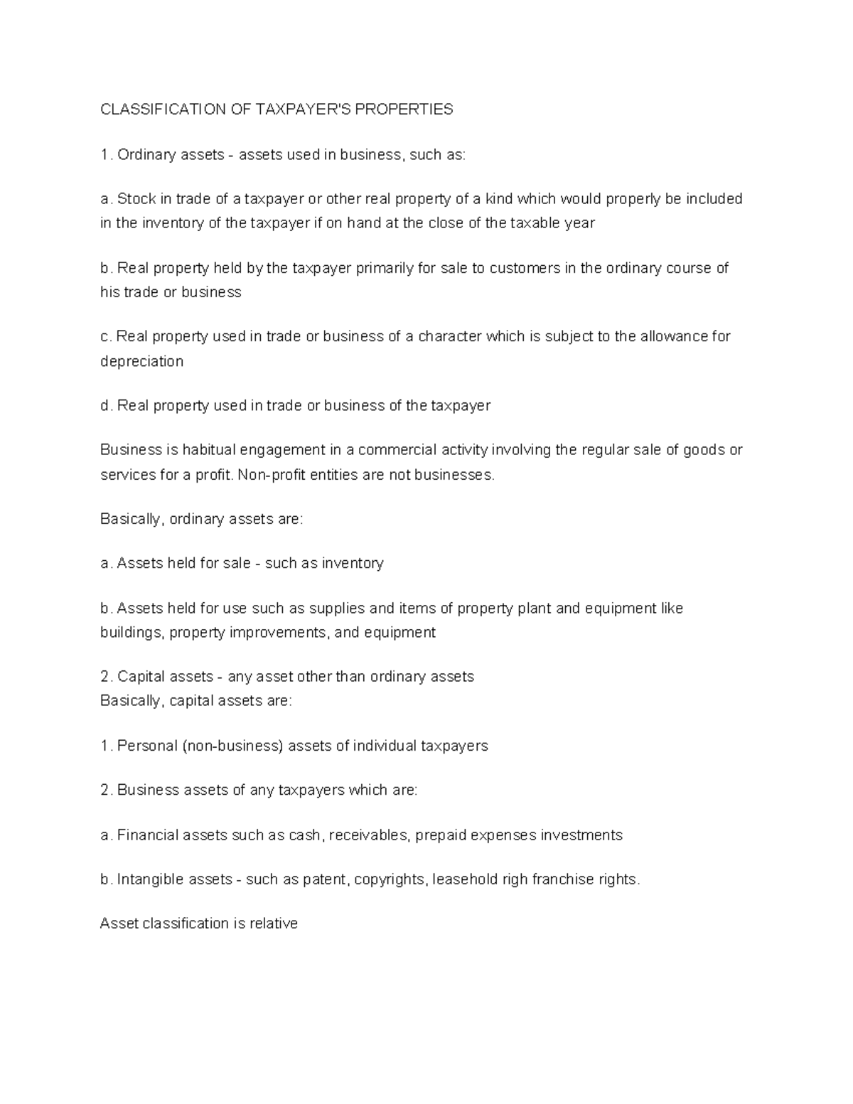 Tax Chapter 6: Classification of Ordinary and Capital Assets - Studocu