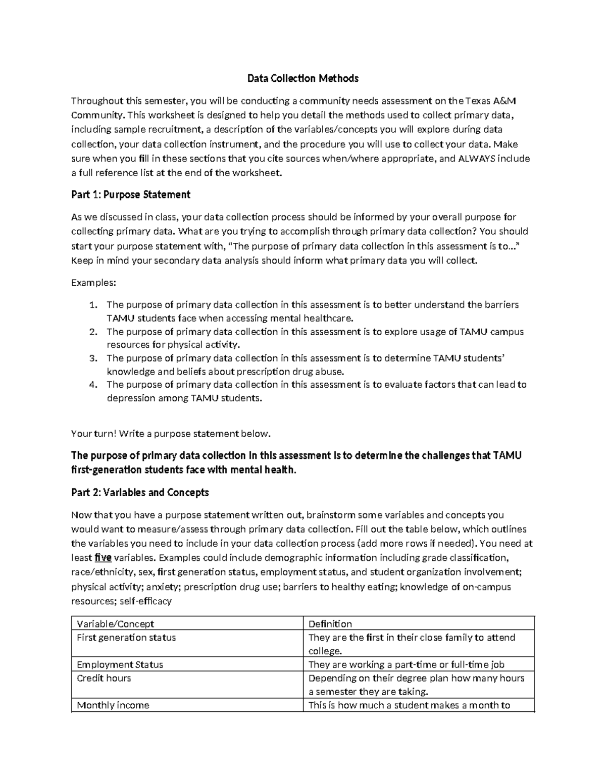 TAMU Community Needs Assessment: Data Collection Methods Worksheet 2 ...