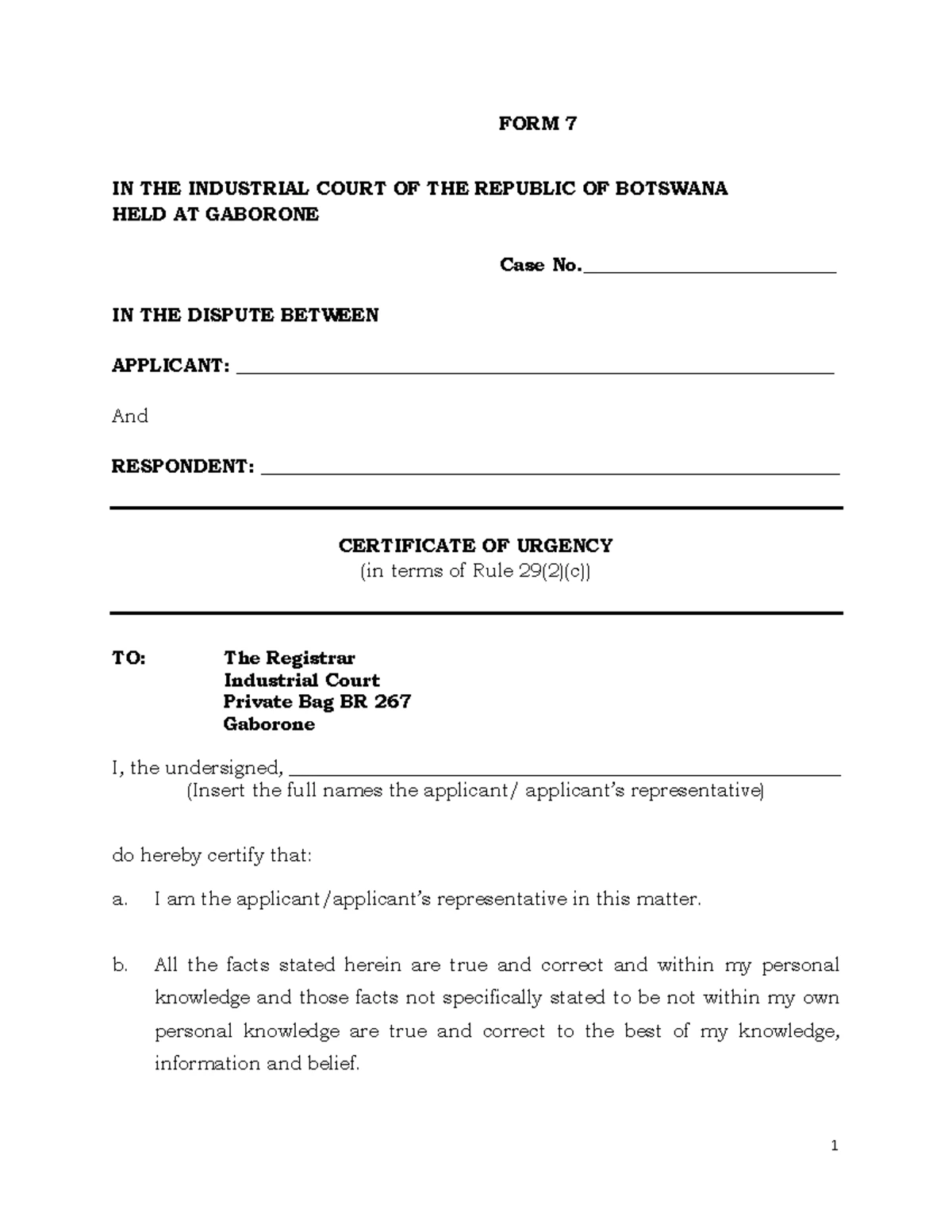 Notice of Appeal - Civil Form 1 (Third Schedule) - Botswana Court - Studocu