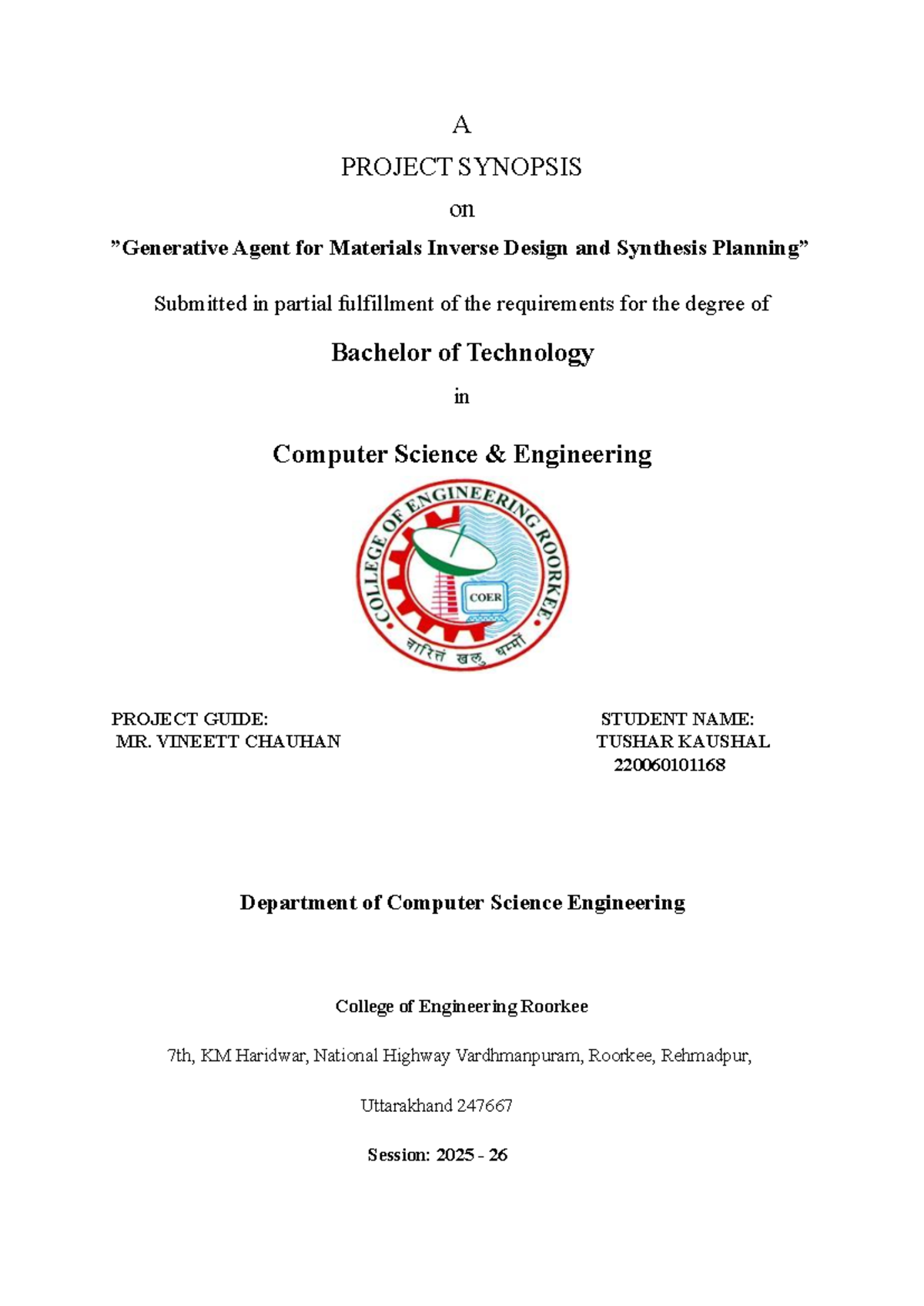 B.Tech Project Synopsis: Agent for Materials Inverse Design - Studocu