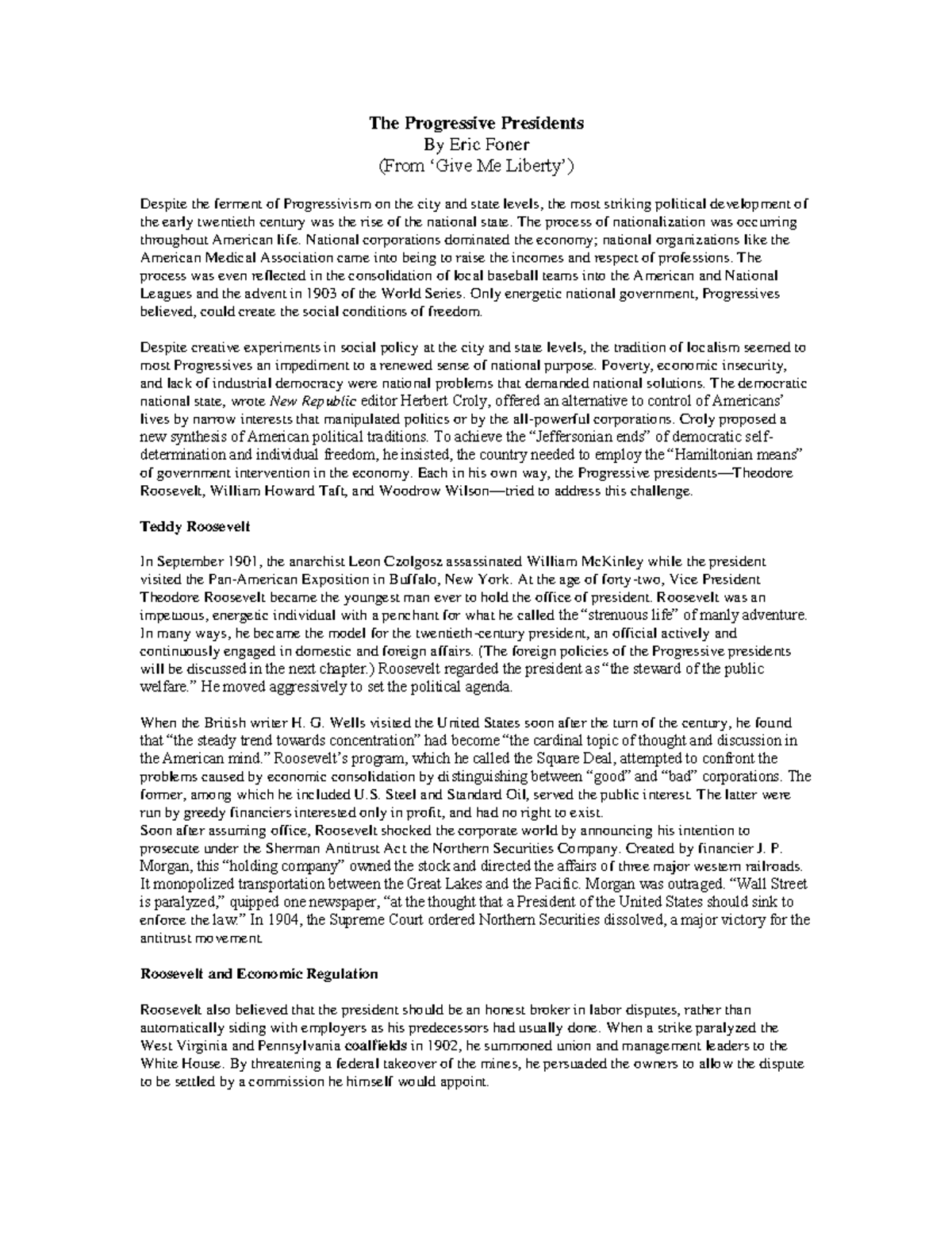 The Progressive Presidents: An Analysis of Foner's Insights - Studocu