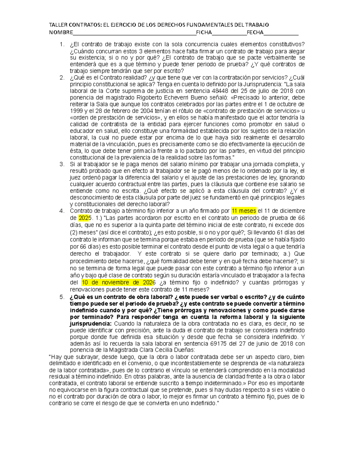 Taller Contratos 1: Ejercicio de Derechos Laborales y Jurisprudencia ...
