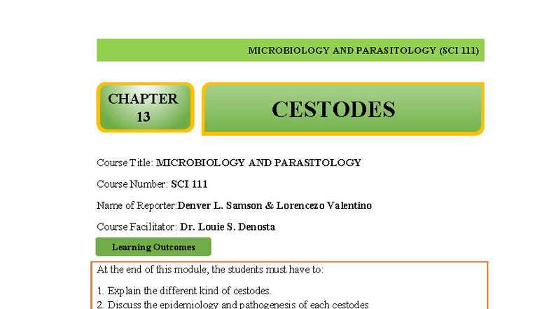 MICROBIOLOGY AND PARASITOLOGY (SCI) Chapter 13: Cestodes Overview - Studocu