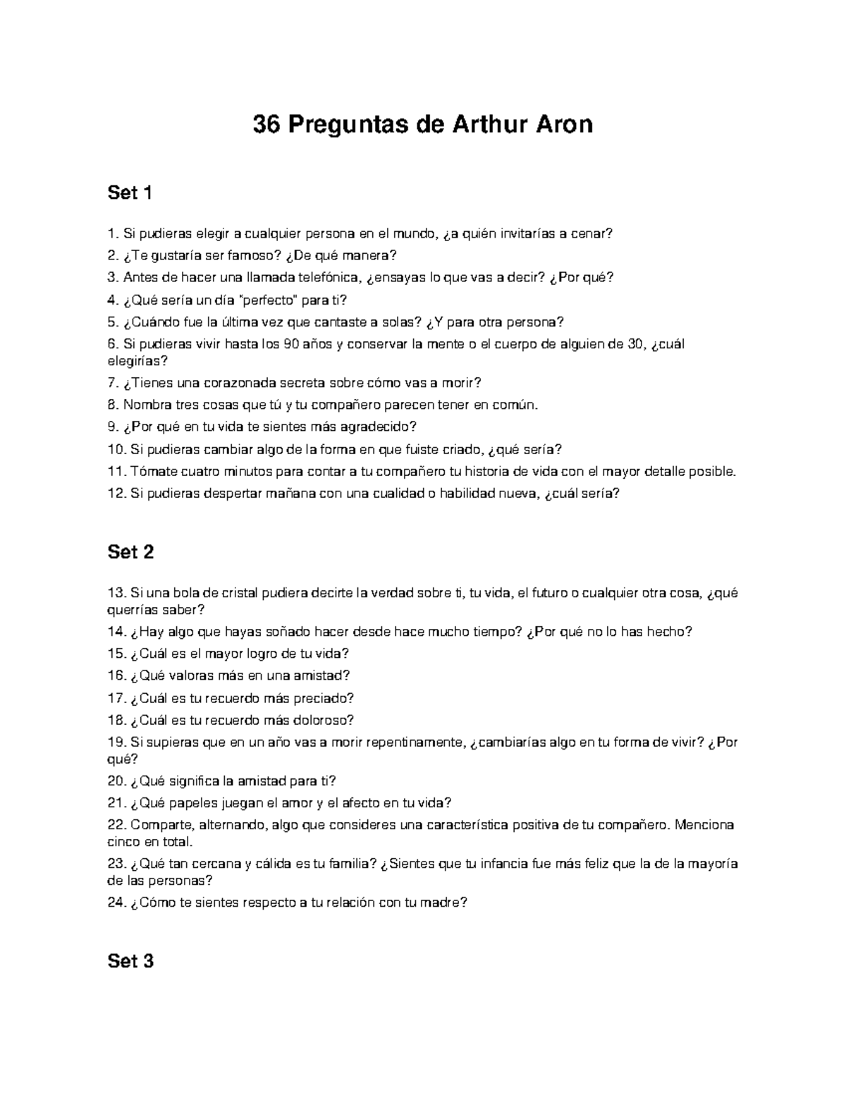 36 Preguntas de Arthur Aron - Conexión y Reflexión - Studocu