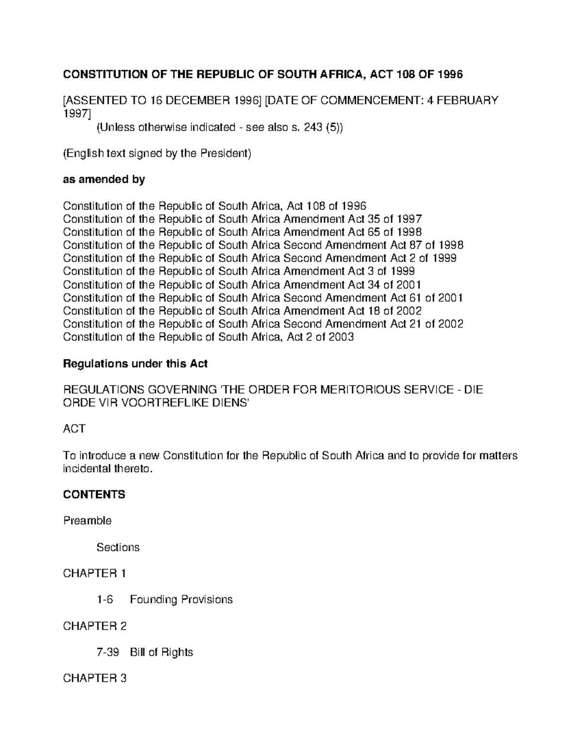 Constitution of the Republic of South Africa, 1996 Overview - Studocu