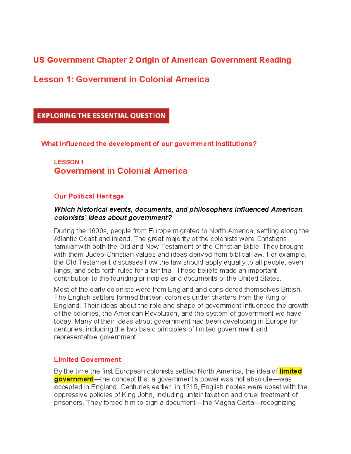 US Government Chapter 2: Origins of American Government and Colonial ...