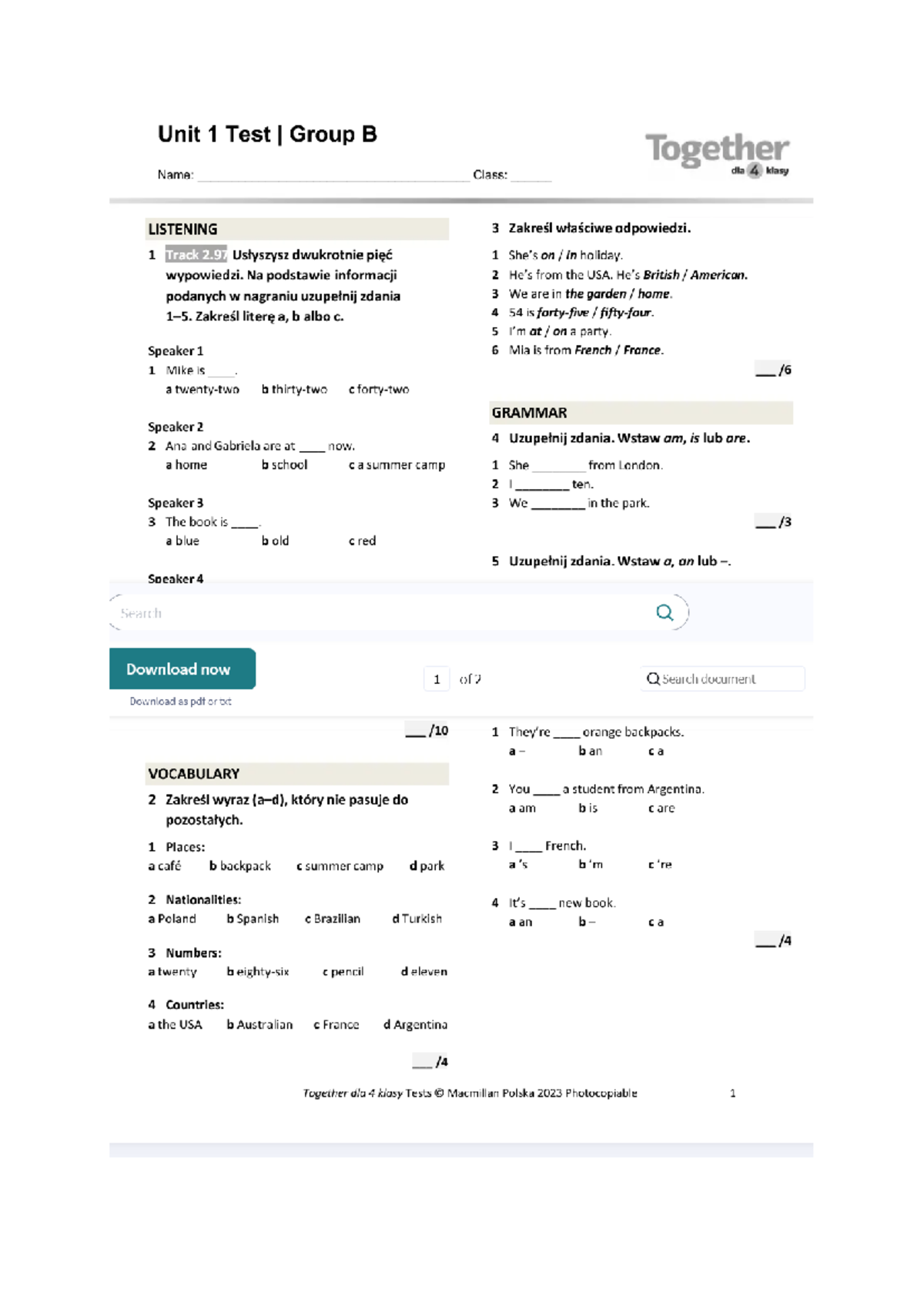 Together unit 1 test B - TEST - Unit 1 Test I Group B Together Name ...