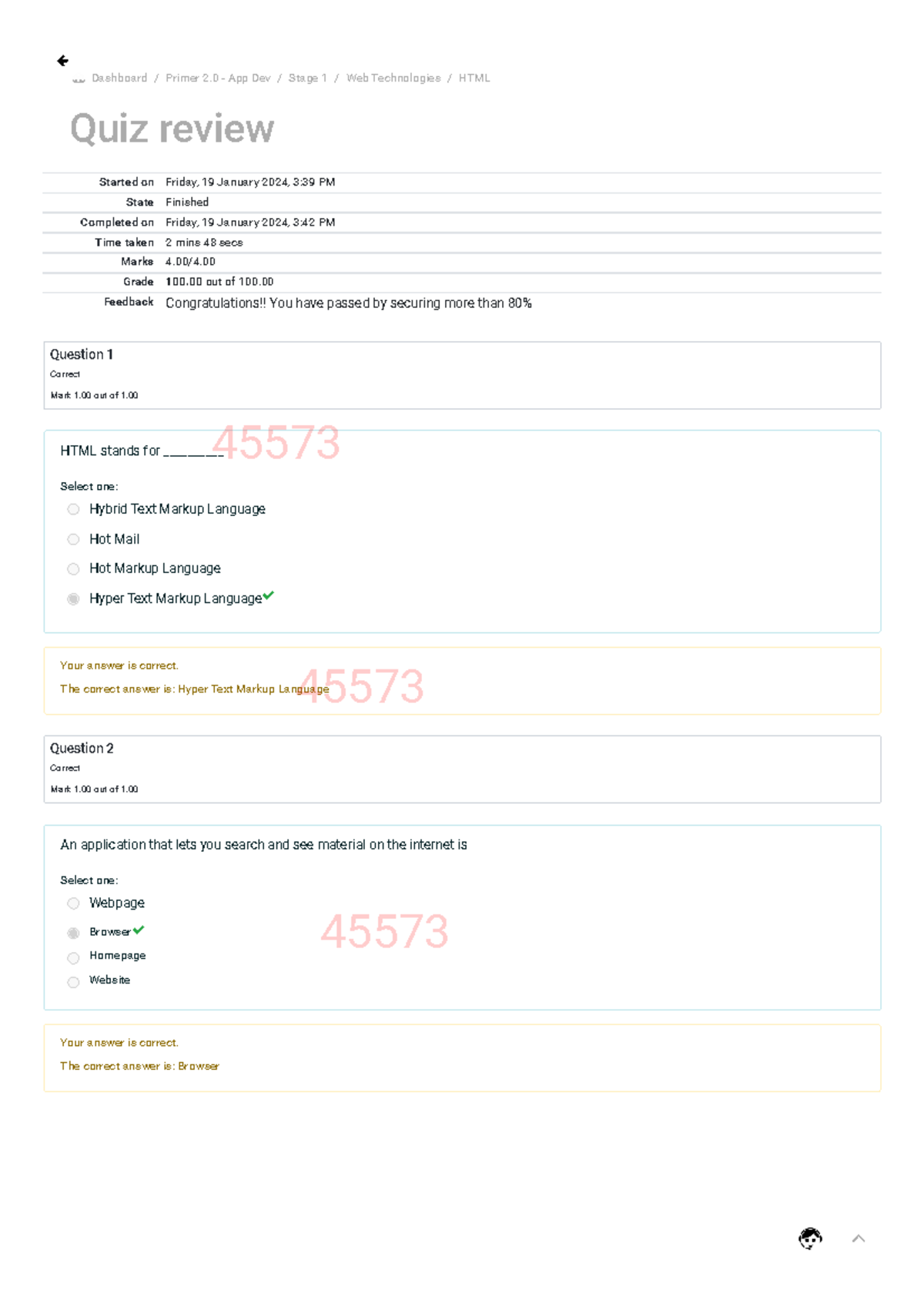 WEB TECH 45573 Quiz Review - HTML, CSS, JS Results and Feedback - Studocu