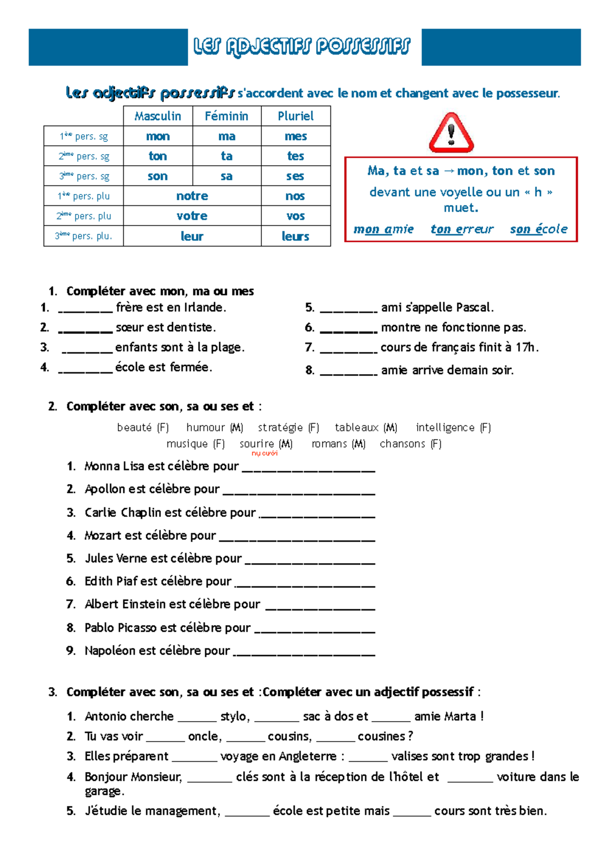 Possessifs 1 - Pratique des Adjectifs Possessifs en Français - Studocu