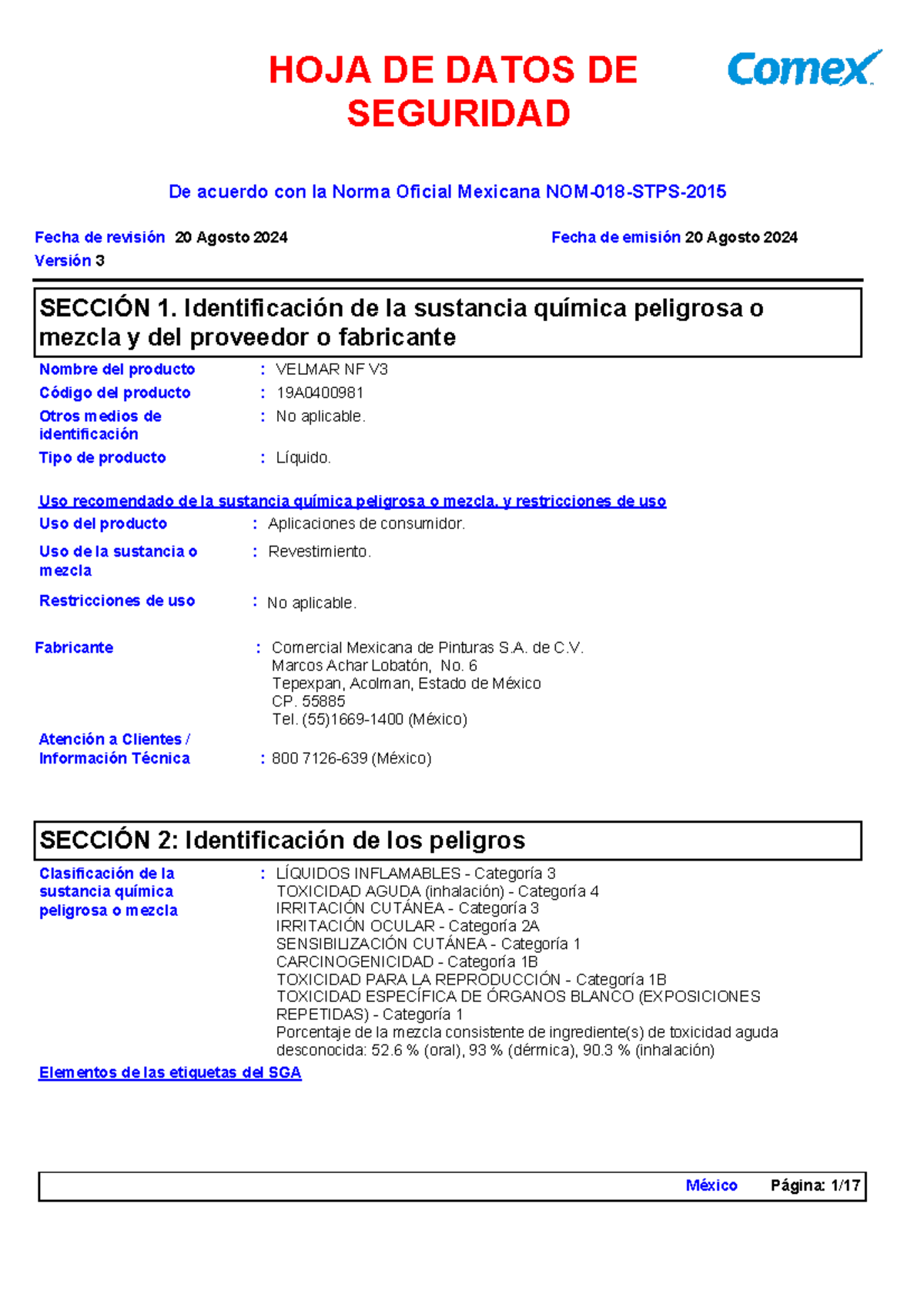 Velmar - Comex HDS - VELMAR NF V No aplicable. Líquido. Nombre del ...
