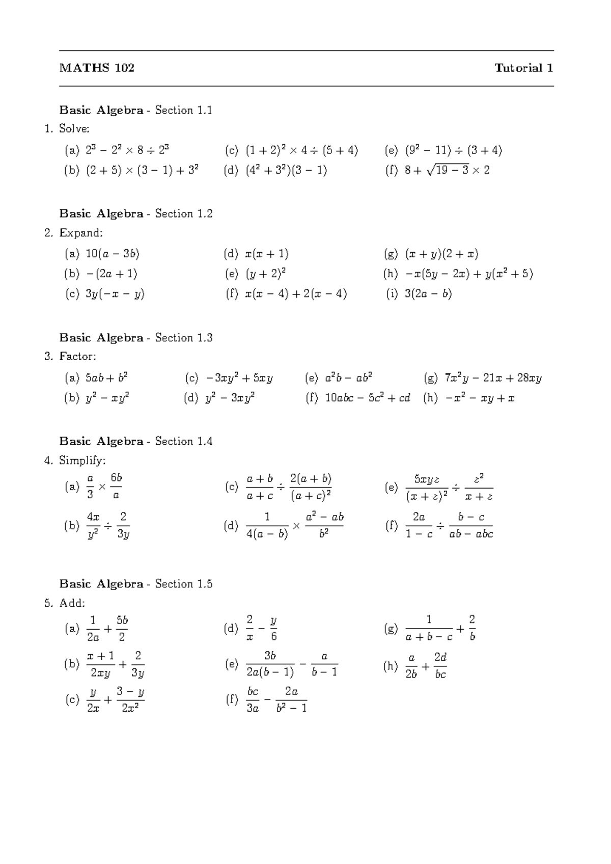 MATHS 102 Tutorial 1: Basic algebra exercises and solutions - Studocu