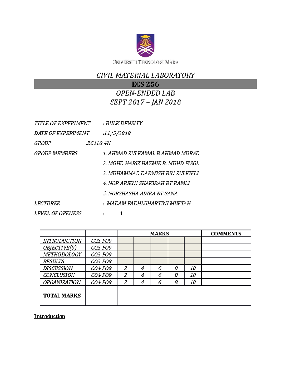 Lab Report bulk density for materials - CIVIL MATERIAL LABORATORY ECS ...