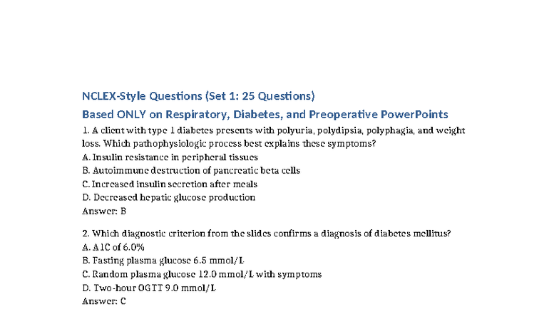 NCLEX Questions Set 1: Respiratory, Diabetes, and Preoperative Topics ...