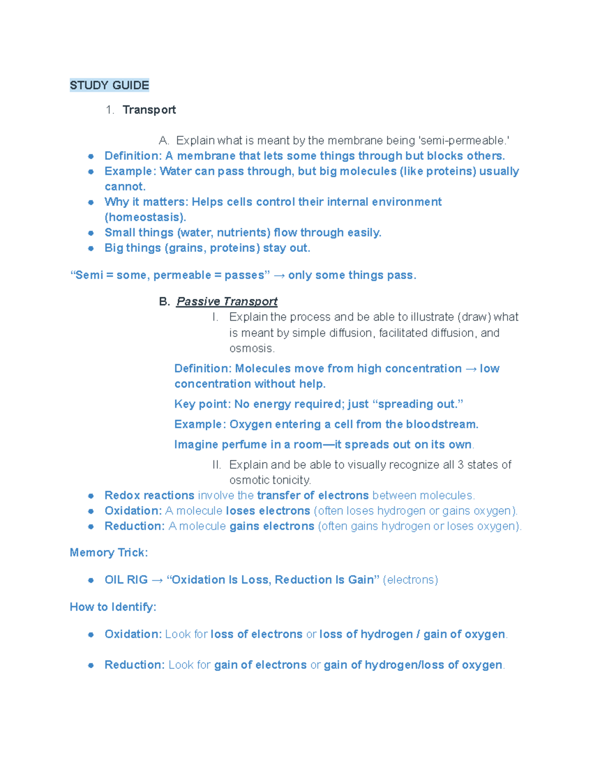 Biology Study Guide: Transport Mechanisms - Studocu