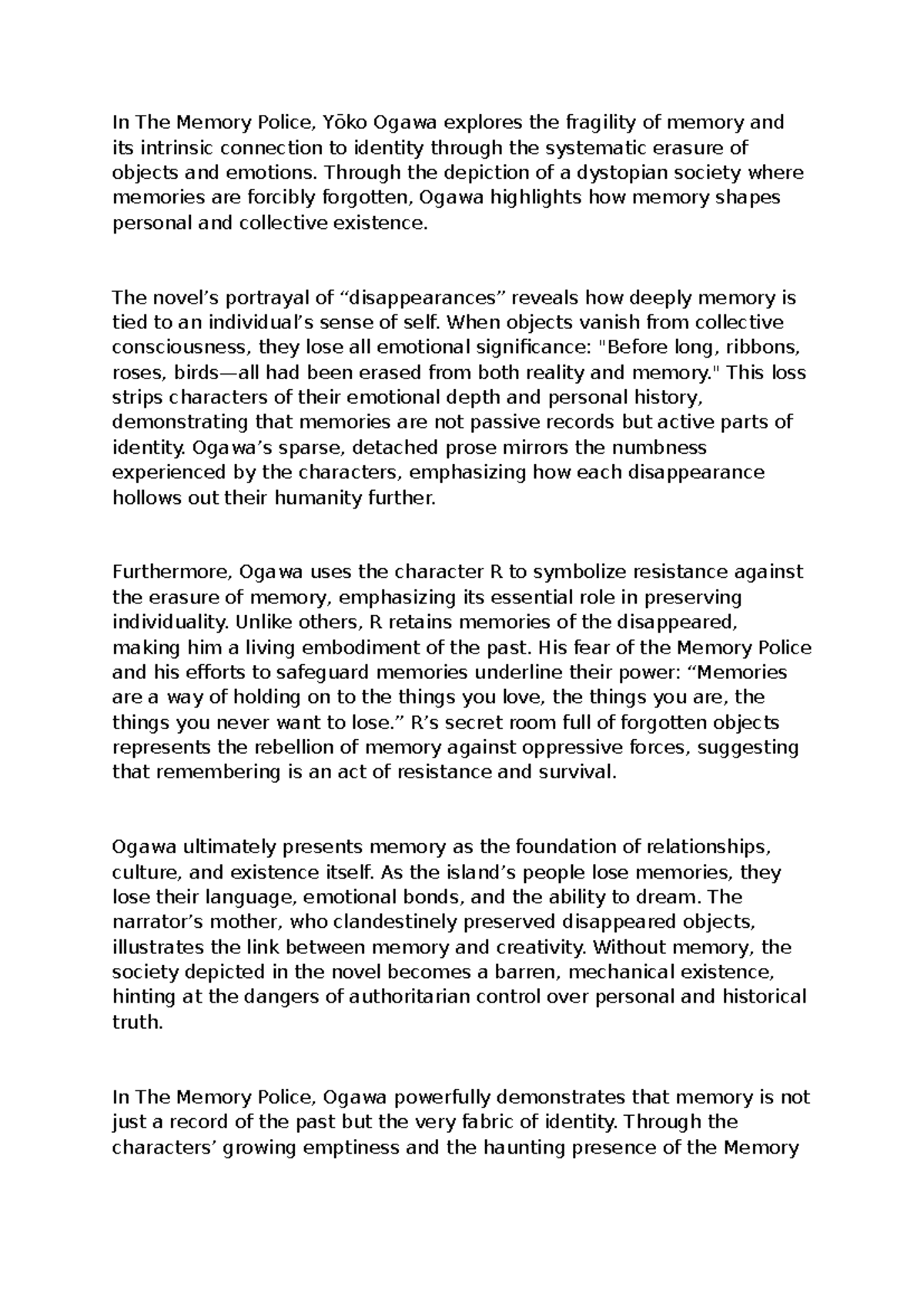 Memory Police Essay: Exploring Identity and Memory in Yōko Ogawa's Work ...