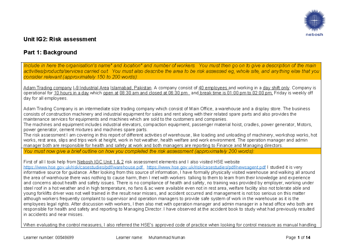 NEBOSH IGC Unit 2: Risk Assessment Report for Adam Trading Co. - Studocu