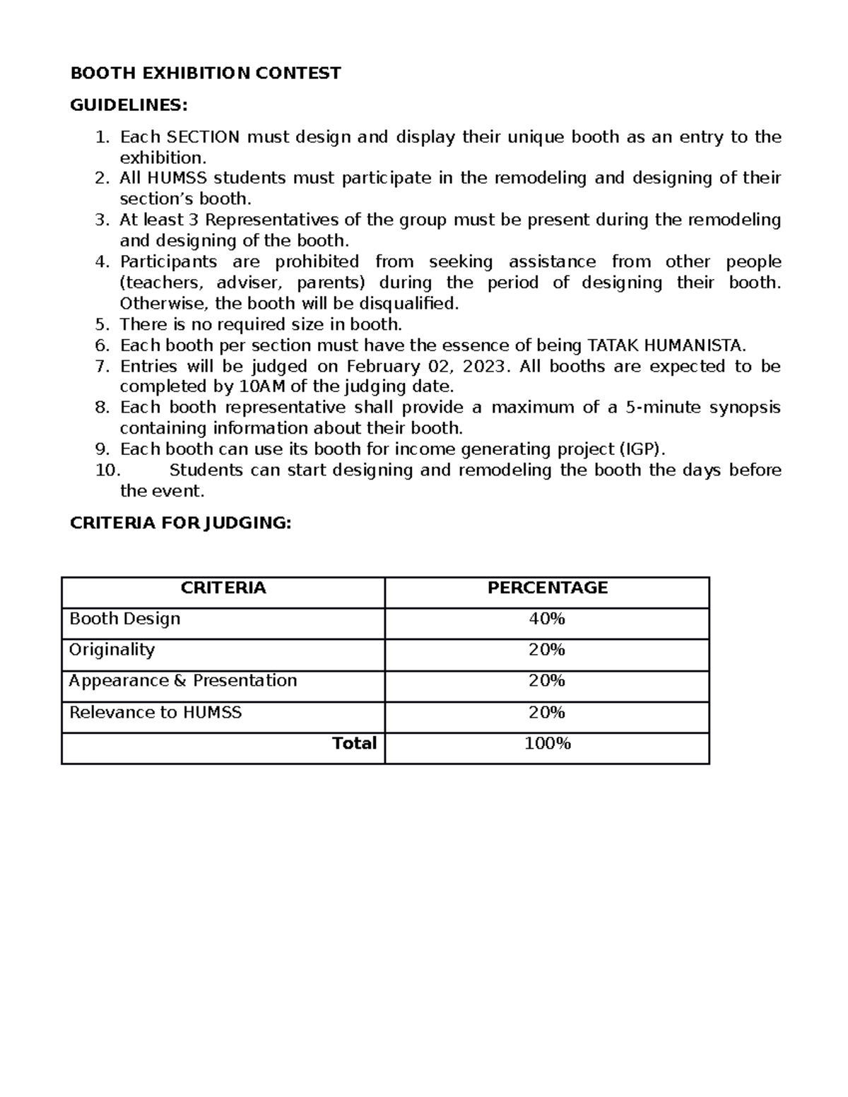 HUMSS Booth Exhibition Contest Guidelines & Judging Criteria - Studocu