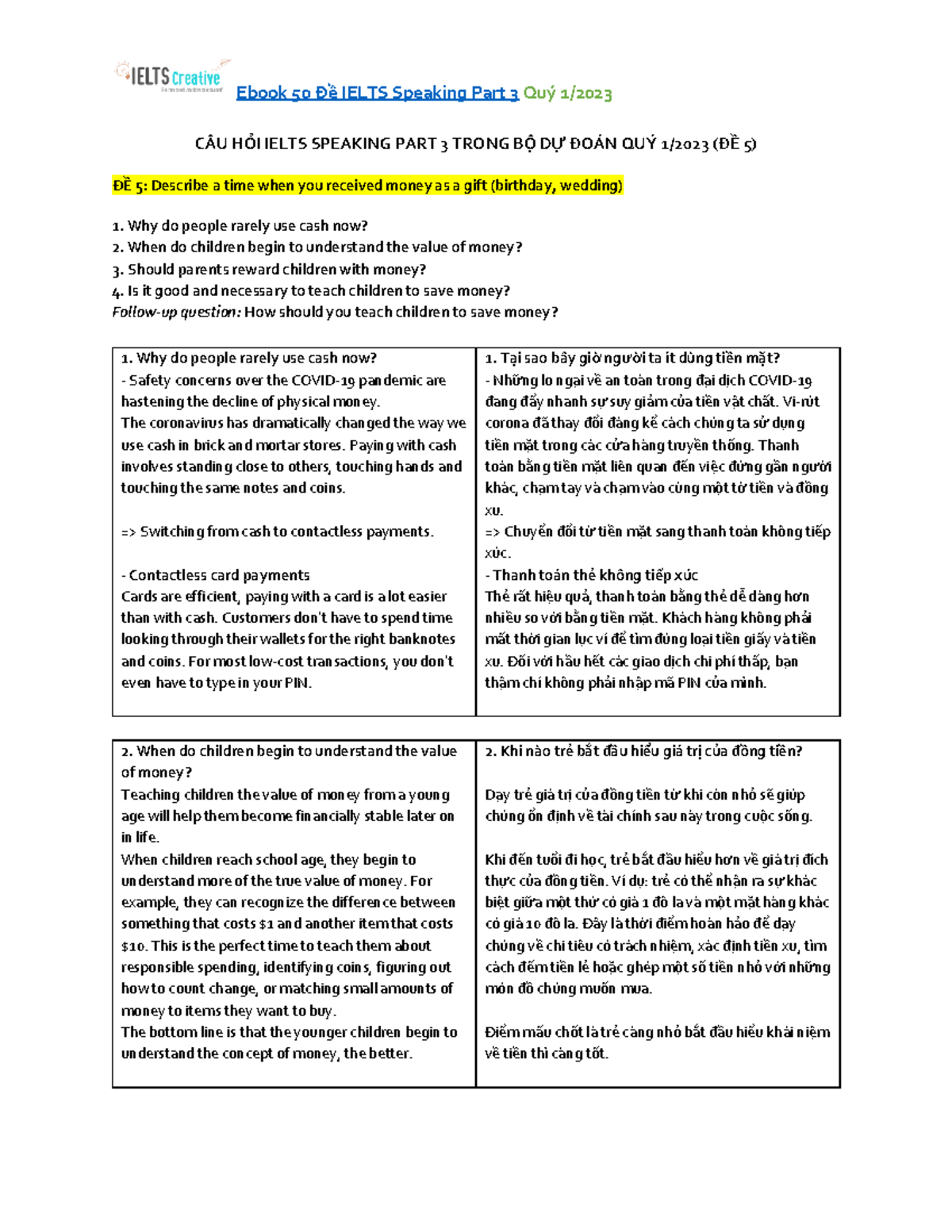 Ielts Speaking Part 3 quý 1 2023- đề 5 - Ebook 50 Đề IELTS Speaking ...