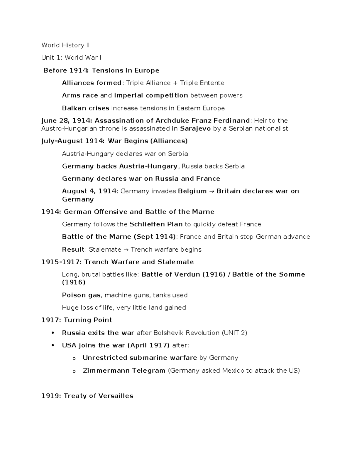 World History II: Unit 1 - Analyzing Causes & Effects of WWI - Studocu