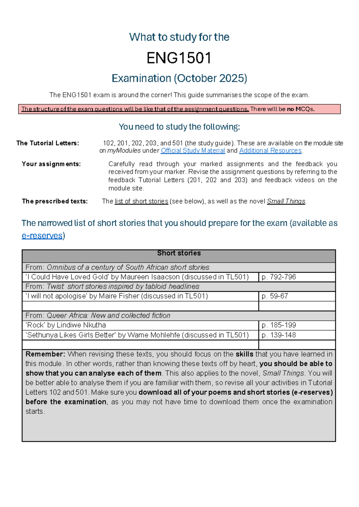 ENG1501 Final Exam Study Guide for October 2025 - Studocu