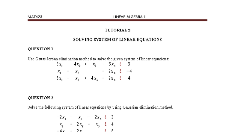 MAT423 Linear Algebra 1 Tutorial 2: Solving Linear Equations - Studocu