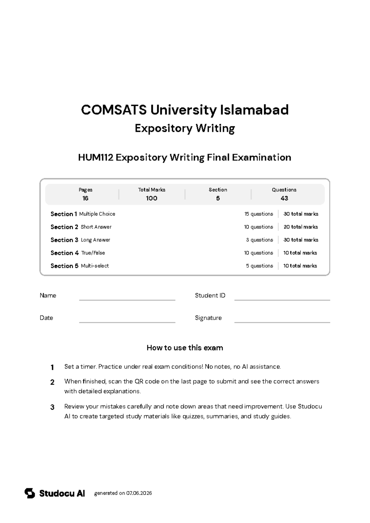 HUM112 Expository Writing Final Exam - Studocu