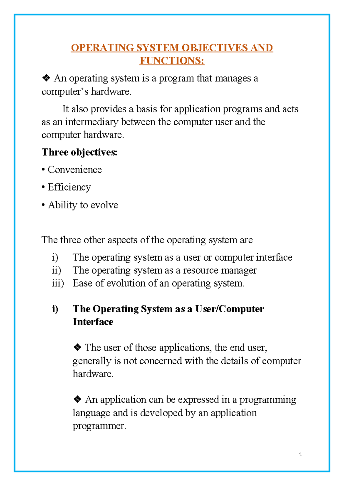 Objectives and Functions of Operating Systems: Unit 1 - Studocu