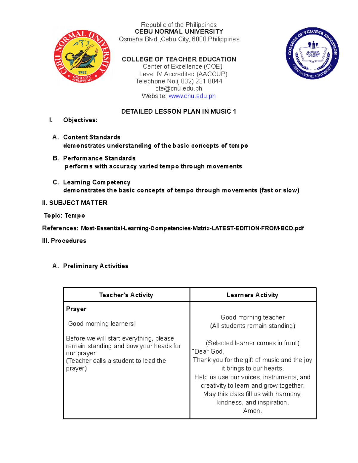 Detailed Lesson Plan in Music 1: Understanding Tempo at CNU - Studocu