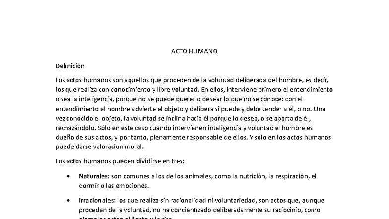ACTO HUMANO: Definición y Clasificación de los Actos Racionales - Studocu