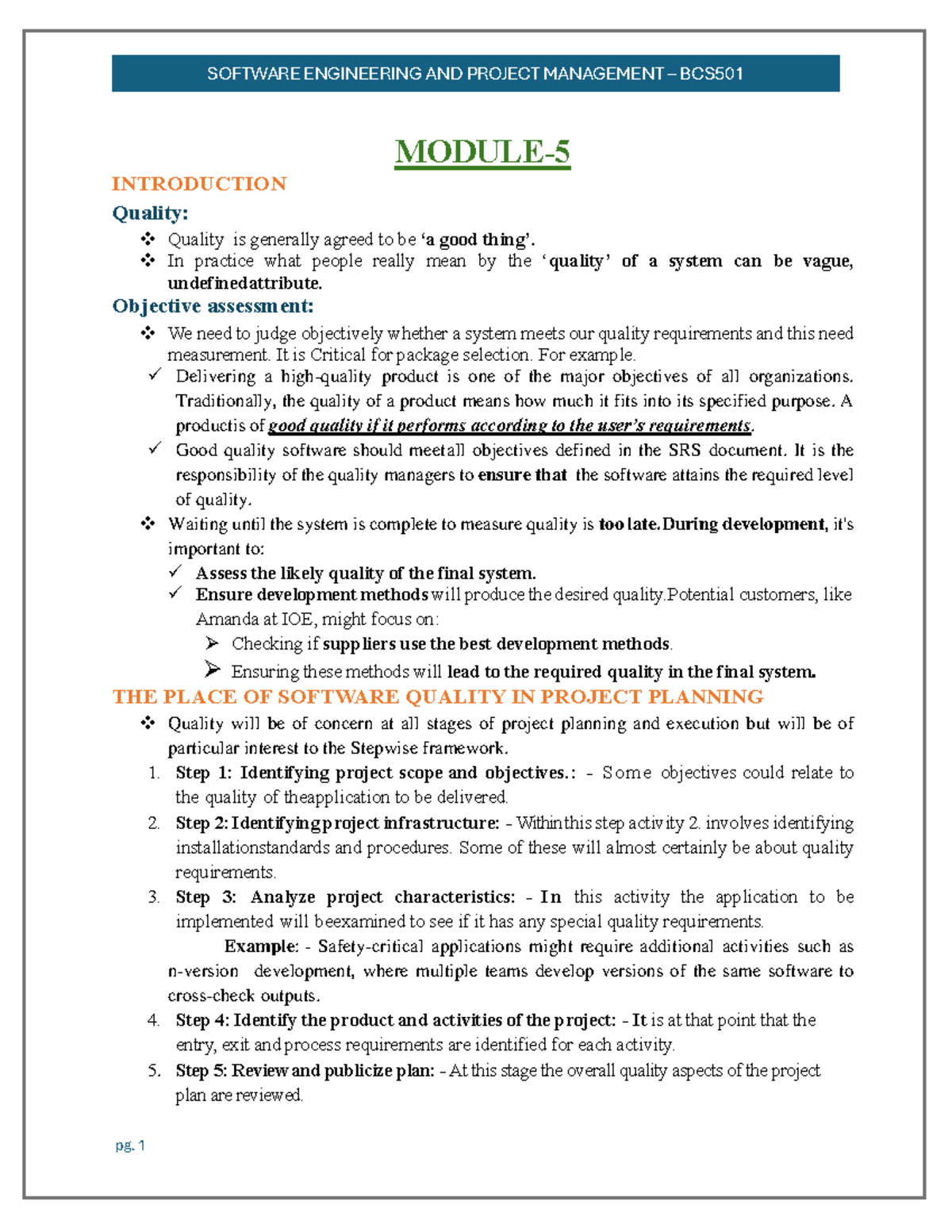 SOFTWARE ENGINEERING AND PROJECT MANAGEMENT BCS501: Quality Assessment and - Studocu