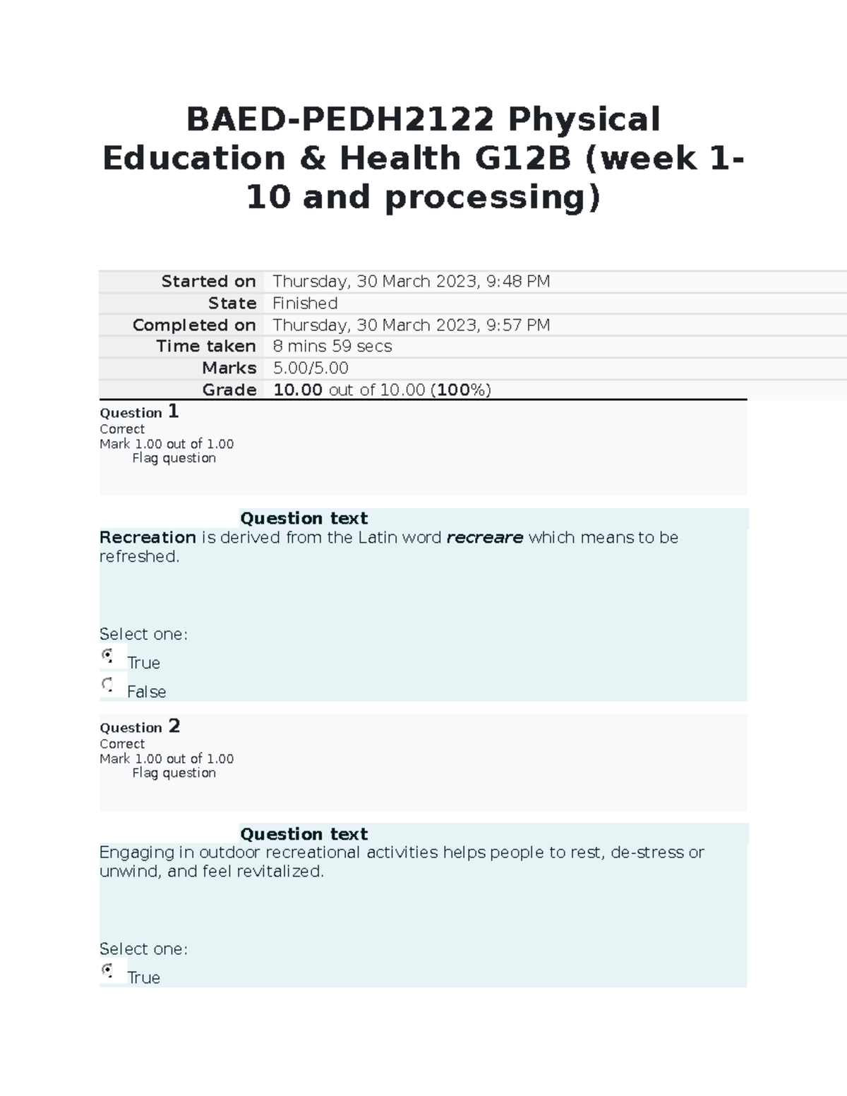 BAED PEDH2122 Physical Education Health G12B Week 110 Exam Review - Studocu