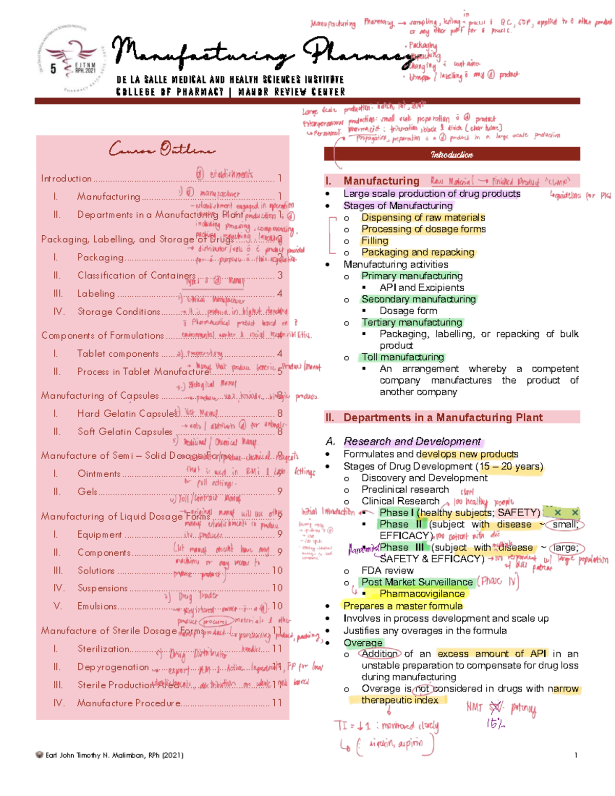M5.2 Manufacturing Pharmacy Course Outline and Review Notes - Studocu