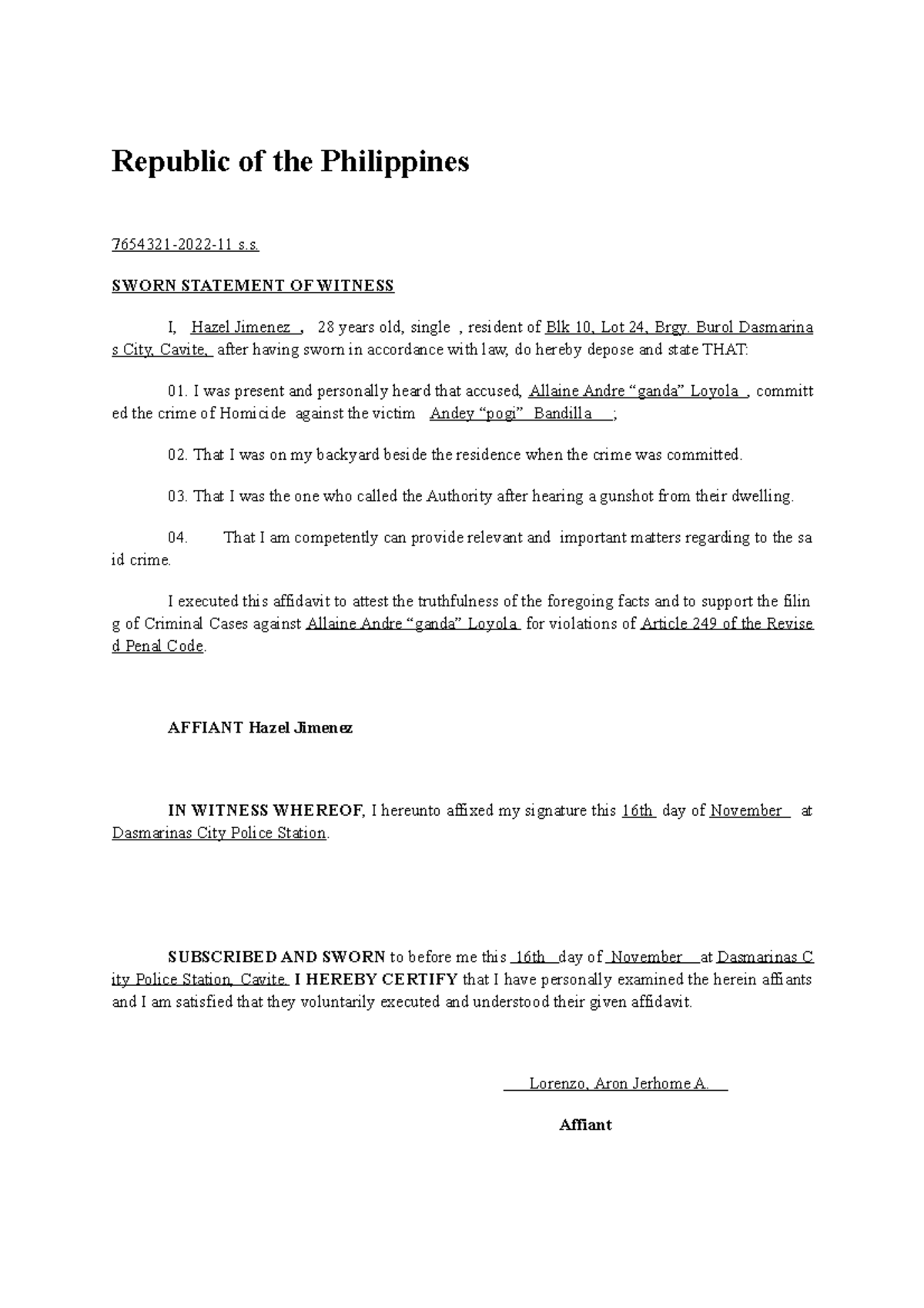 SW-01: Sample Sworn Statement of Witness for Legal Use - Studocu