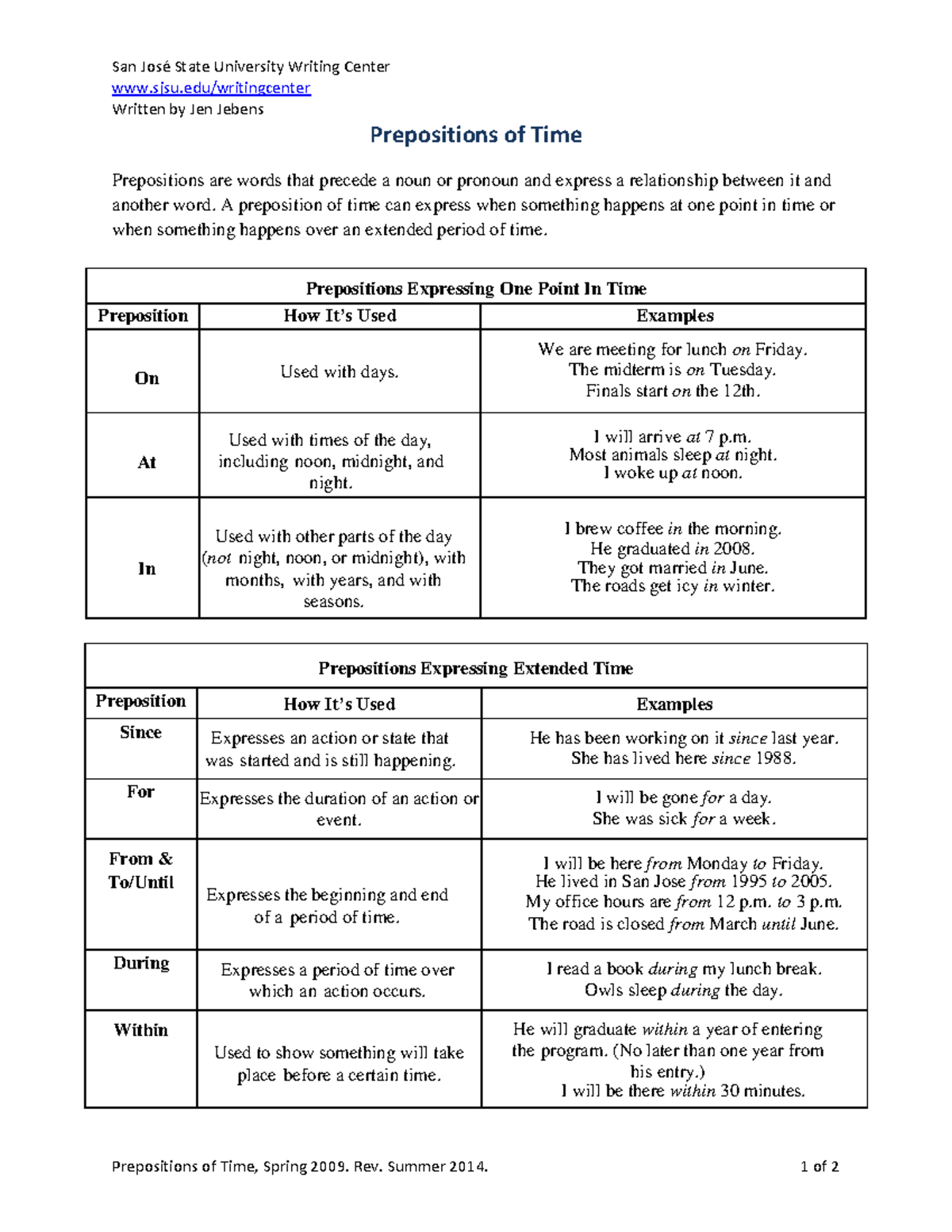 Prepositions of Time: A Detailed Guide for ENGL 101 Students - Studocu