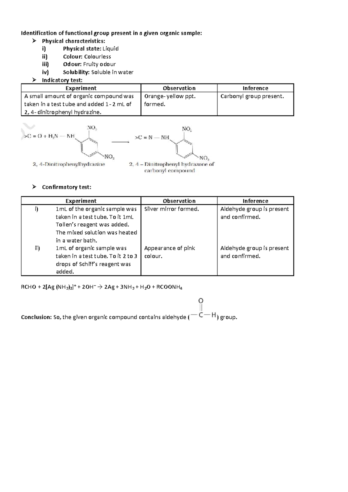 Organic Functional Group Analysis - III: Aldehyde Identification - Studocu