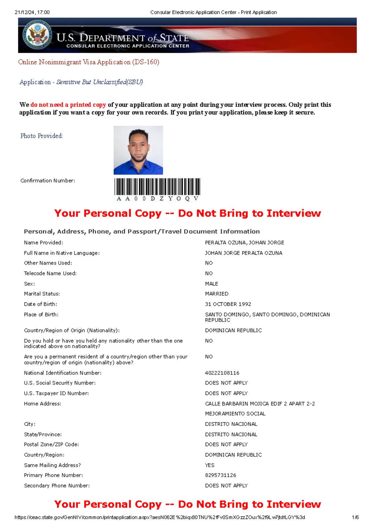 Formulario DS-160 - Solicitud de Visa No Inmigrante de Johan Peralta ...
