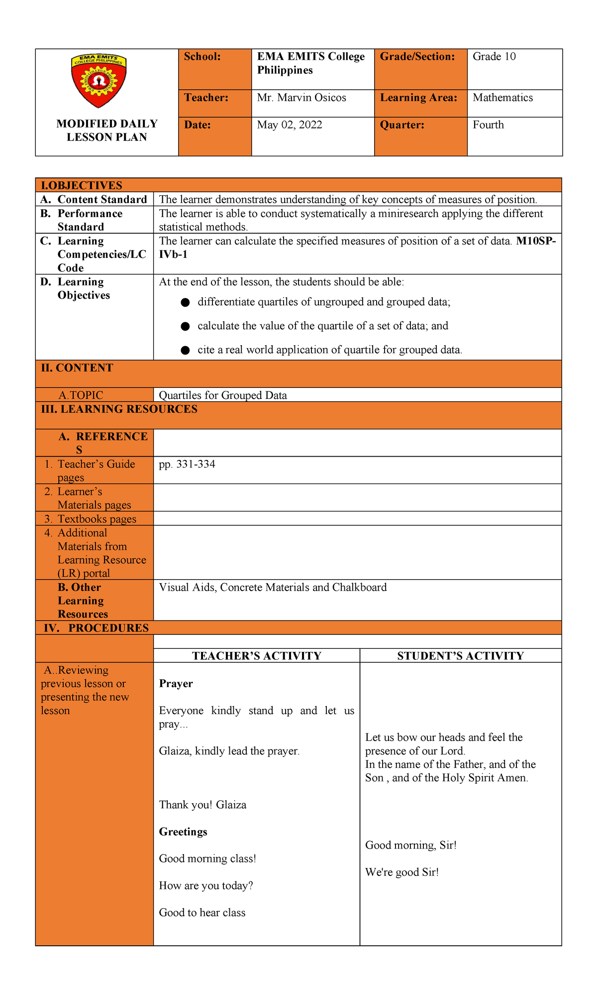 Mathematics Lesson Plan: Quartiles for Grouped Data (MATH MO) - Studocu
