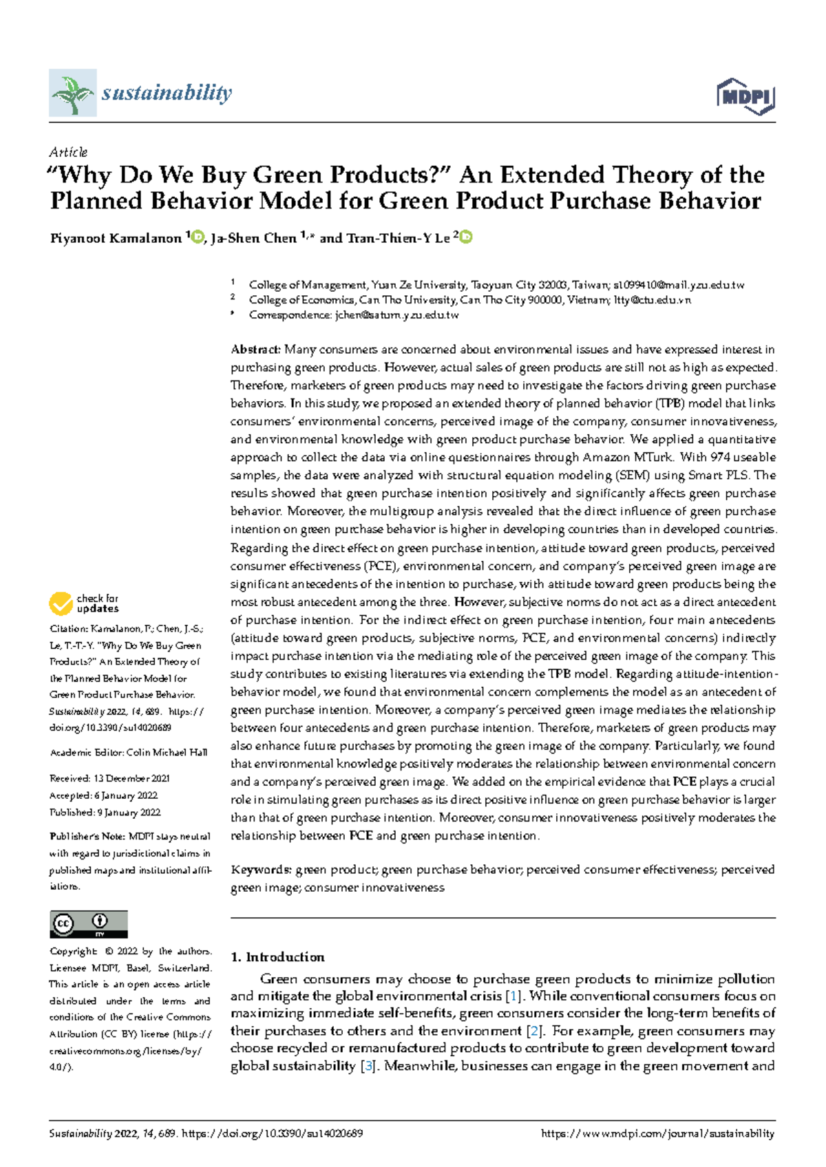 Sustainability 2022: Do We Buy Green? An Extended TPB Model Analysis ...
