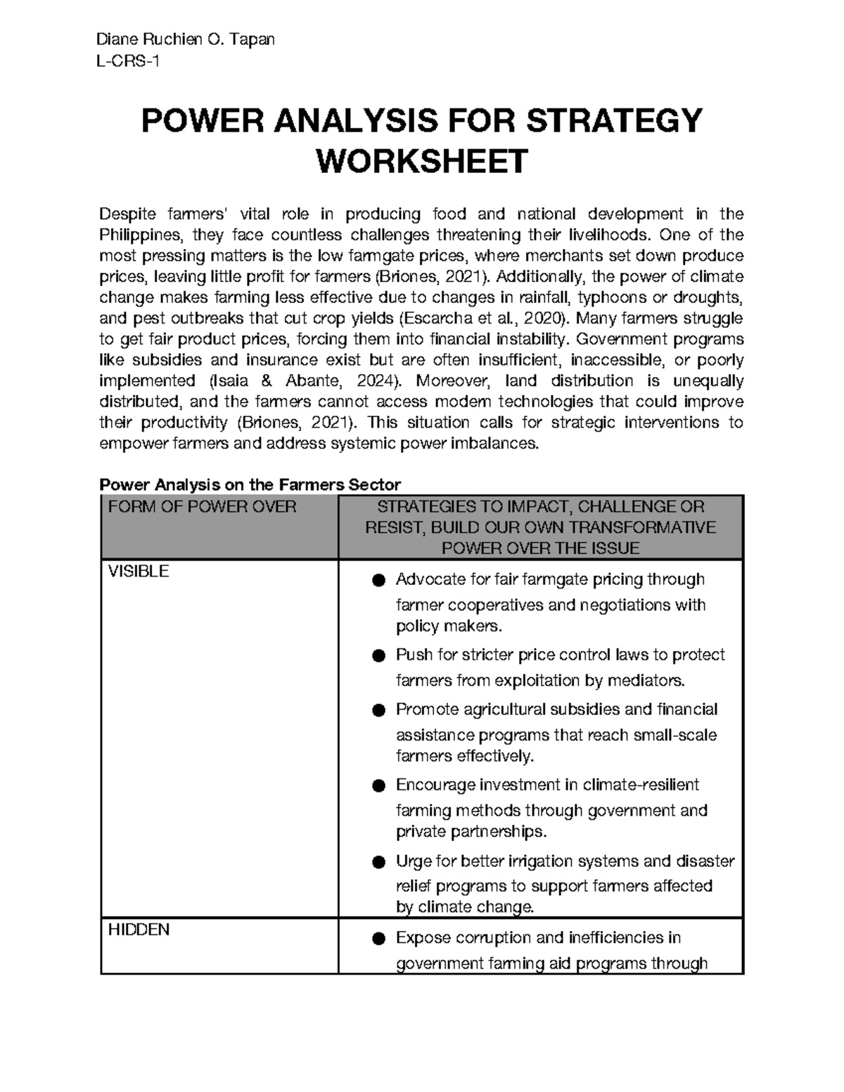 Template Power Analysis FOR Strategy Worksheet - POWER ANALYSIS FOR ...