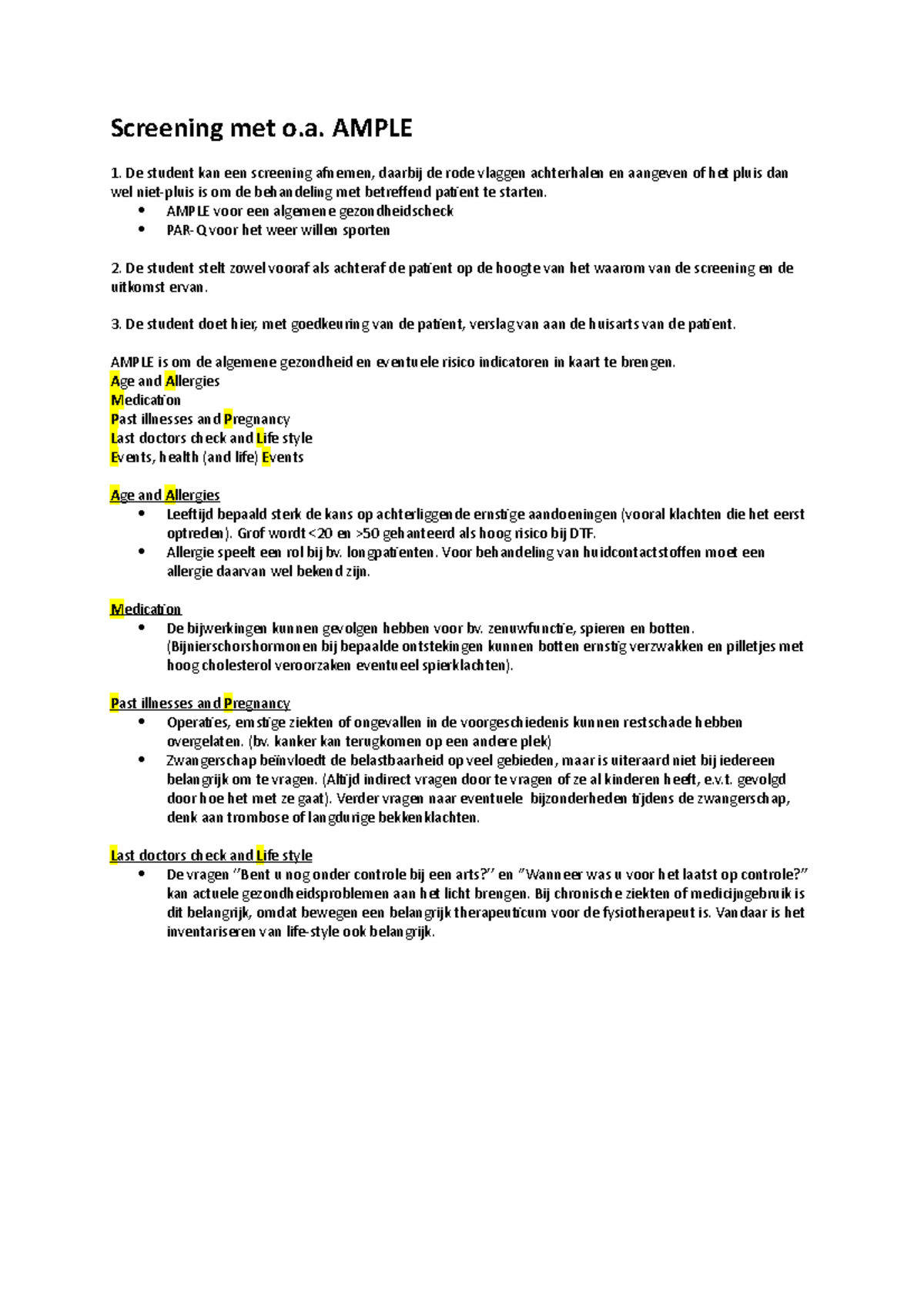 AMPLE Screening Guidelines for Patient Health Assessment - Studeersnel